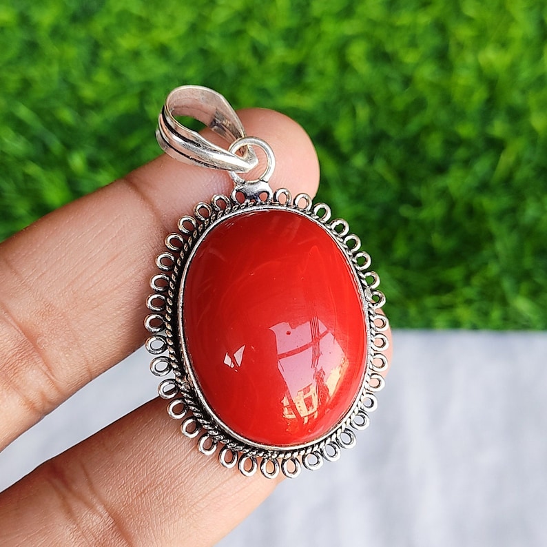 Red Coral Gemstone Pendant With Silver Plated Chain Necklace Large Size Pendant Moonga Jewelry ...