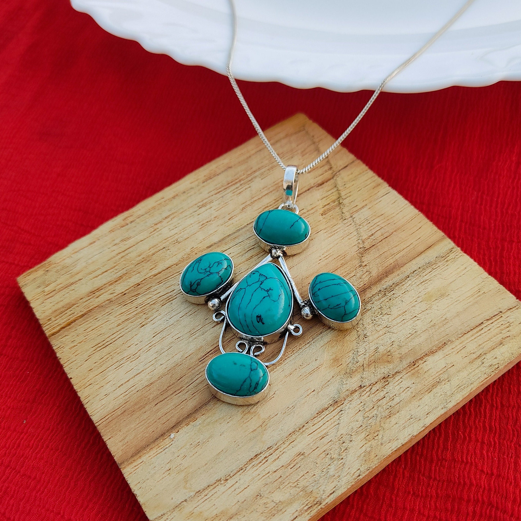 Turquoise Pendant 92.5 Silver Plated Chain Necklace Multi Stone Pendant ...