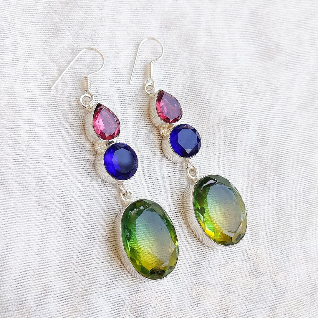 Multi Color Tourmaline Multi Stone Dangle Earring 92.5 Silver Plated ...