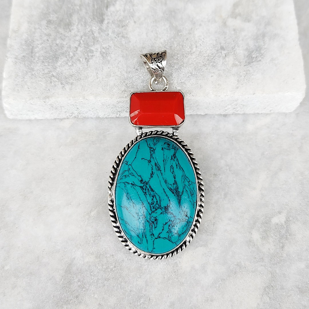 Turquoise-red Coral Multi Stone Pendant 925 Silver Plated Necklace ...