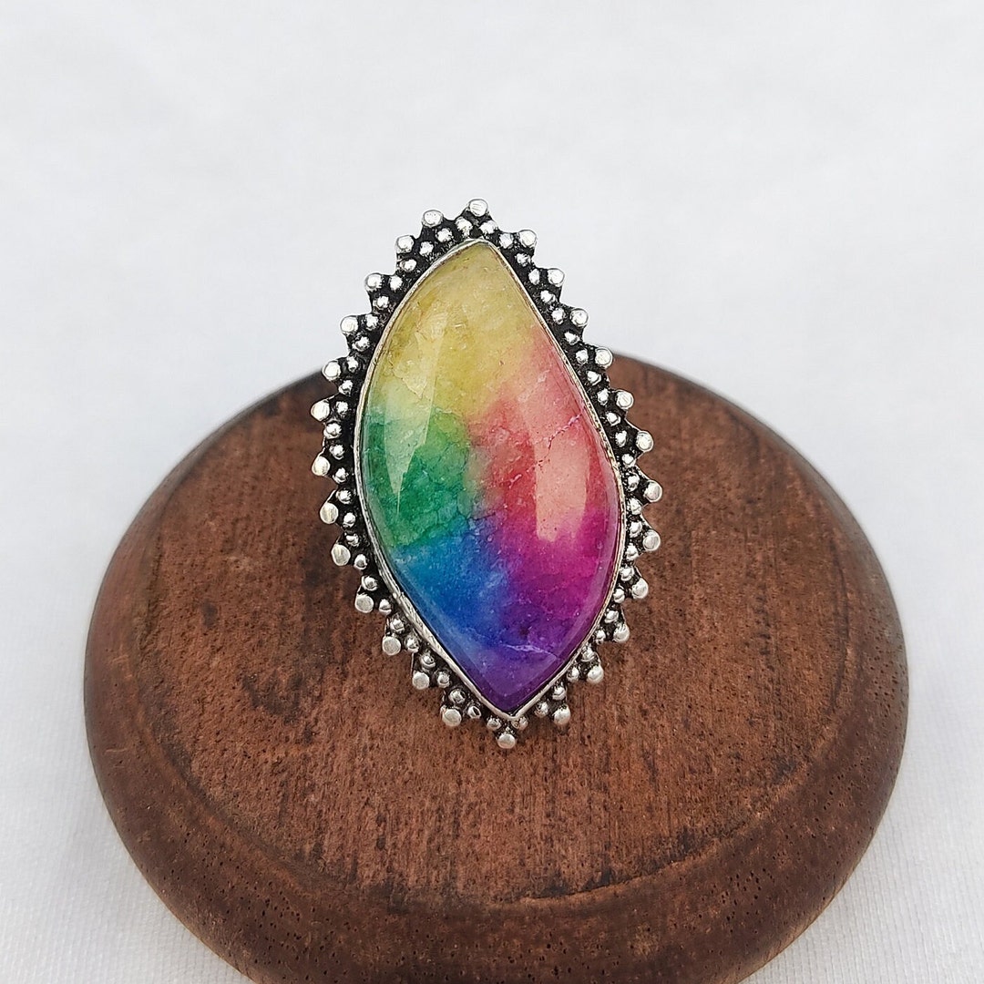 Rainbow Solar Quartz Ring 925 Silver Plated Ring Healing Large Crystal ...
