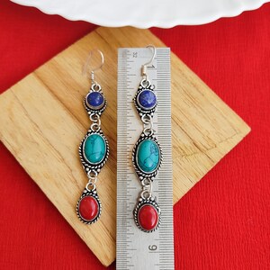 Turquoise, Coral & Lapis Earrings, Silver Plated Handmade Boho Jewelry ...