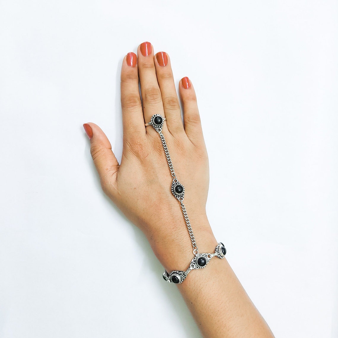Ring Hand Chain Gemstone Bracelet Silver Plated Hand Chain Bracelet ...