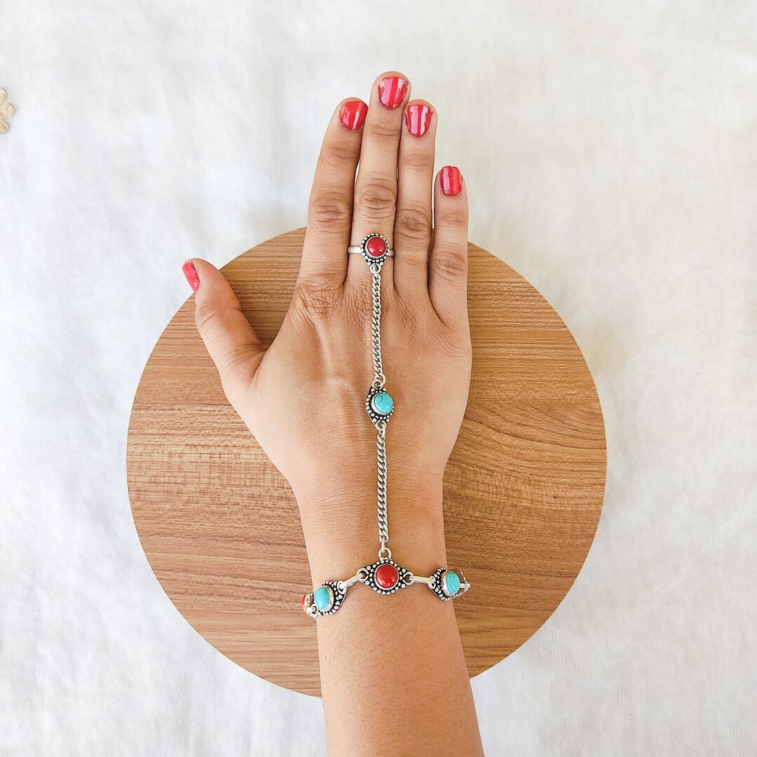 Turquoise and Red Coral Ring Hand Chain Bracelet 925 Silver Plated ...