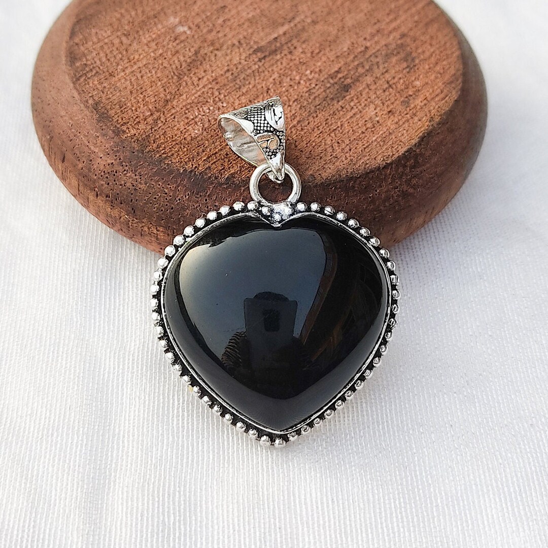Black Onyx Heart Pendant, 92.5 Silver Plated, Handmade Boho Necklace - Etsy