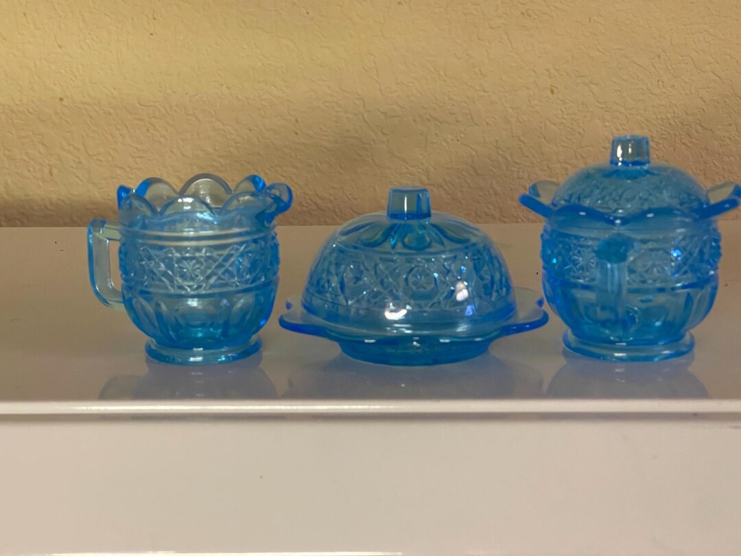 Vintage Higbee Blue Glass Mini Covered Butter Sugar and Creamer Set - Etsy