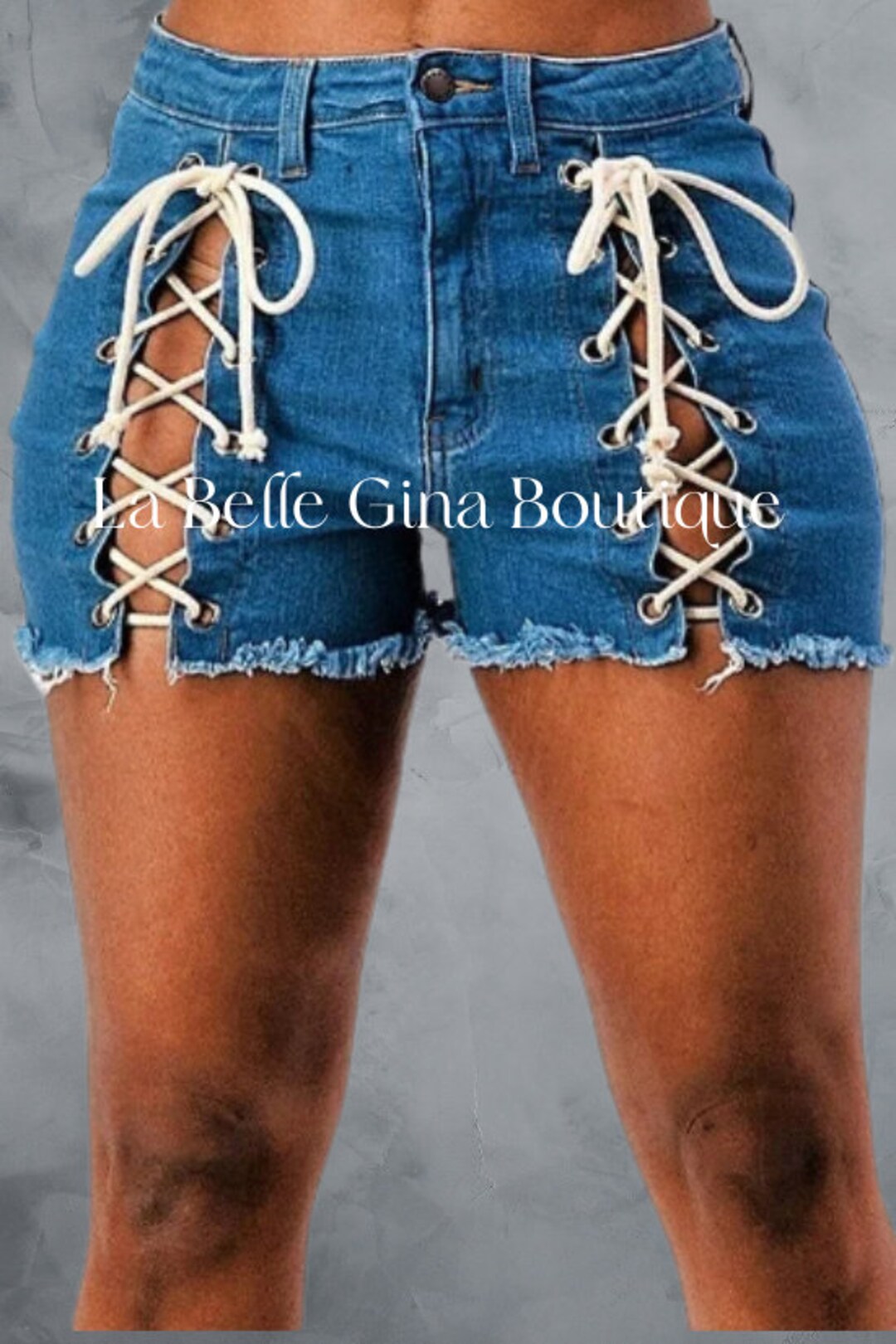 BOO HIGH RISE Short Medium Blue Denim Front Lace Up - Etsy