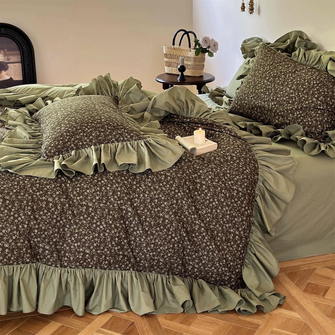 Shabby Chic Ruffle Bedding Set, Rustic Cotton Duvet Cover Set 4pcs ...