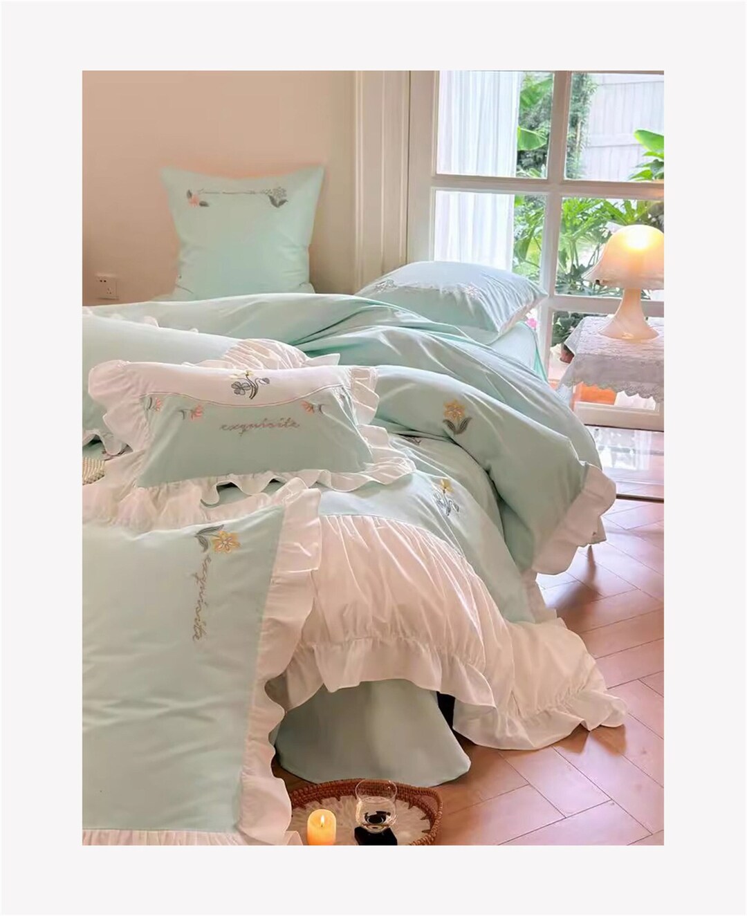 French Lace Ruffled Cotton Bedding Set,cream Style Floral Embroidery ...