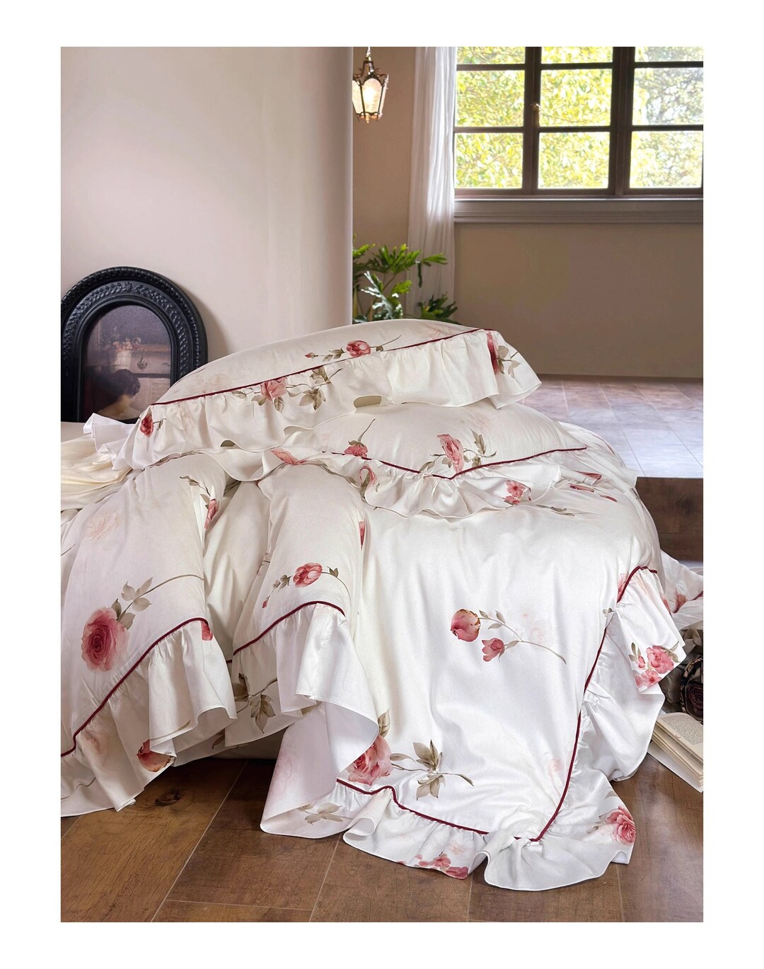 Vintage Red Rose Print Cotton Bedding Set,cotton Ruffle Lace Duvet ...