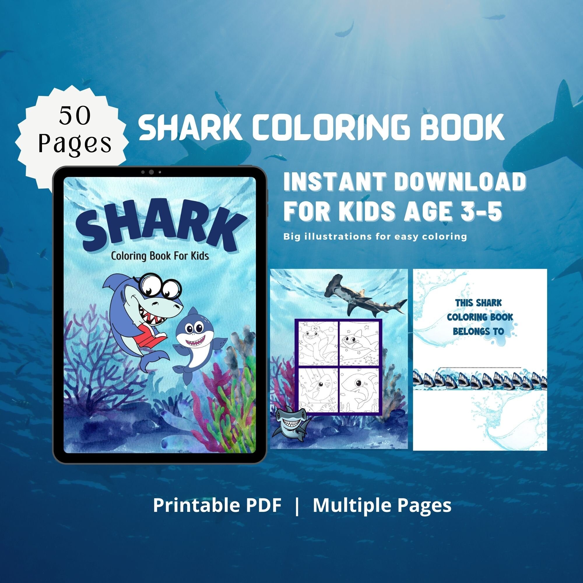 50 Pages Shark Coloring Pages, Cute Shark Coloring Book, Sea Life ...