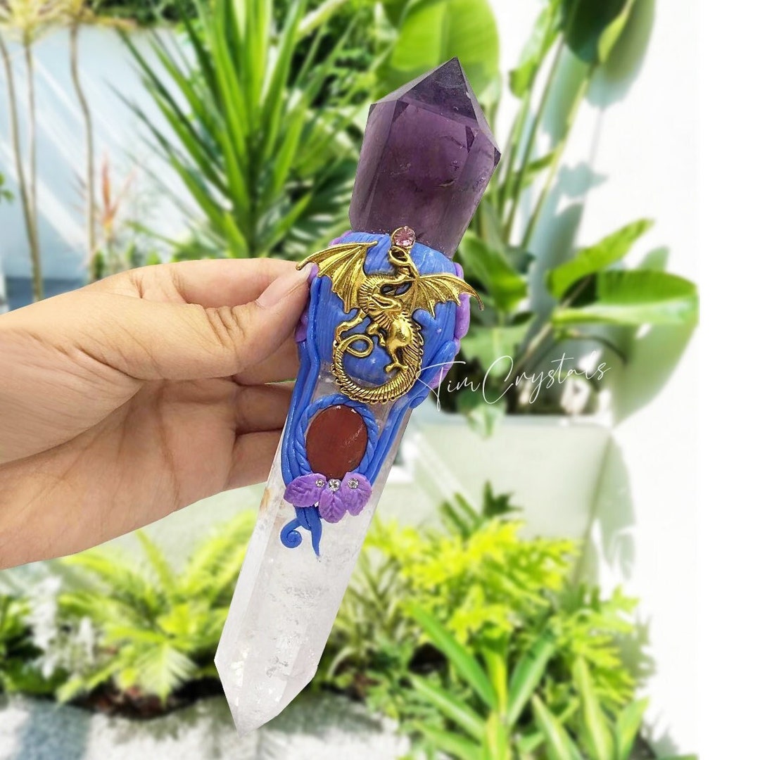Handmade Crystal Wand With Amethyst, Clear Quartz, Power Magic Sceptre ...