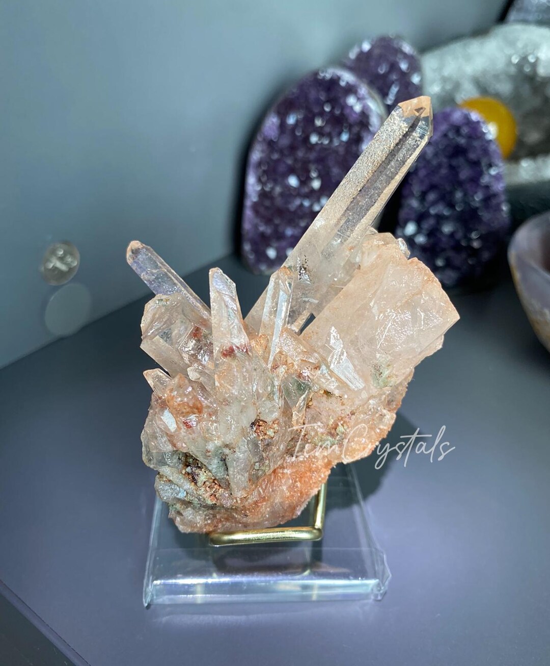 Natural Pink Quartz Geode Cluster, Rock Crystal, Sparkly Geodes, Orange ...