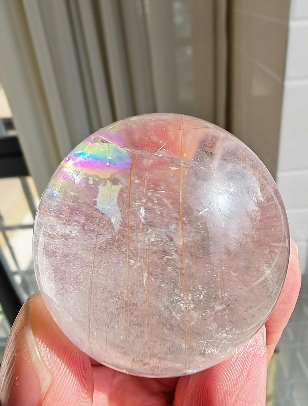 Natural Polished Rutilated Quartz Sphere With Rainbow, Handmade Angel's ...