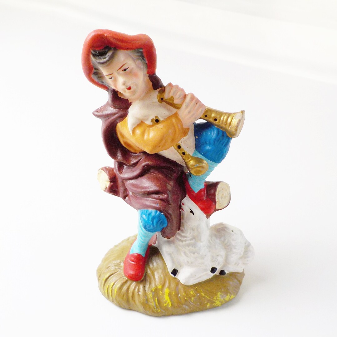 Vintage Nativity Figurine Shepard With Lamb and Bag Pipe Hand Painted ...