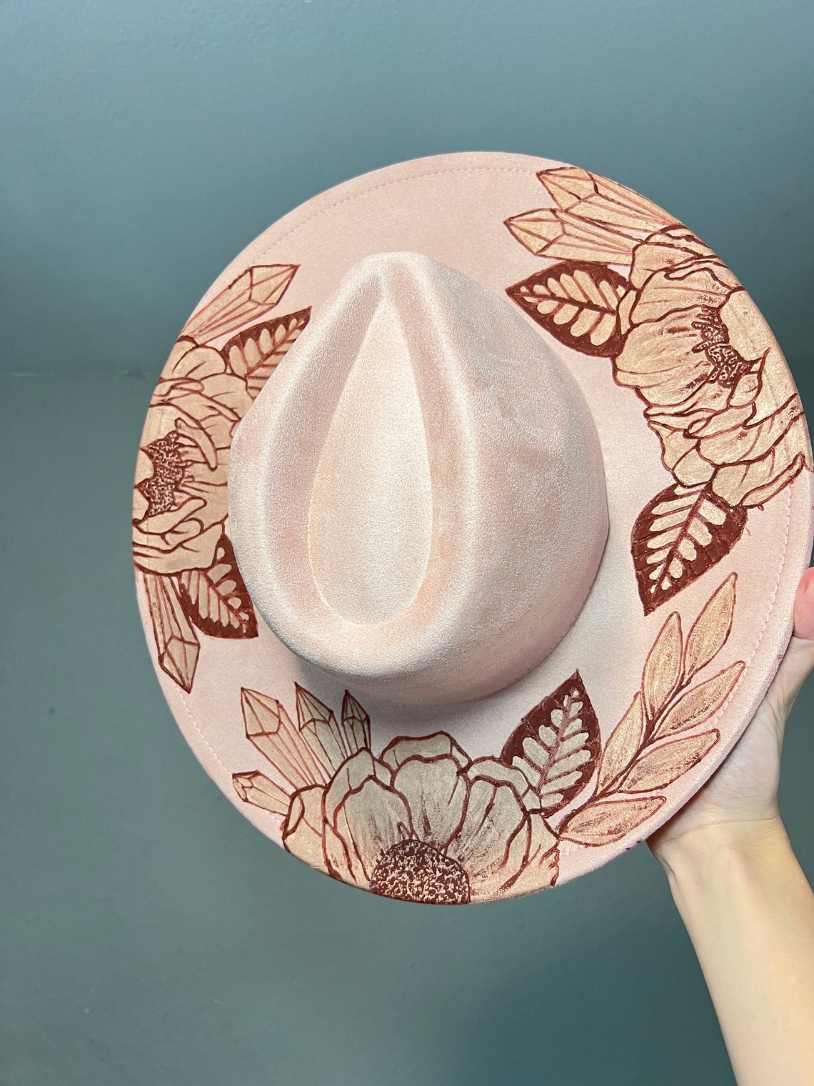 Wide Brim Vegan Suede Hat Tattooed Flower Crown Hat Celestial Hat ...
