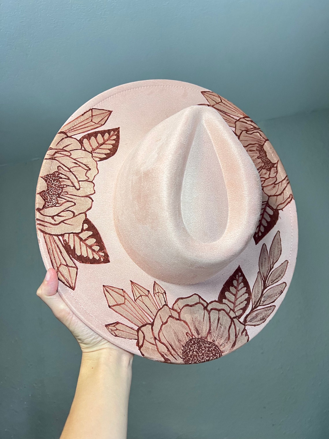 Wide Brim Vegan Suede Hat Tattooed Flower Crown Hat Celestial Hat ...