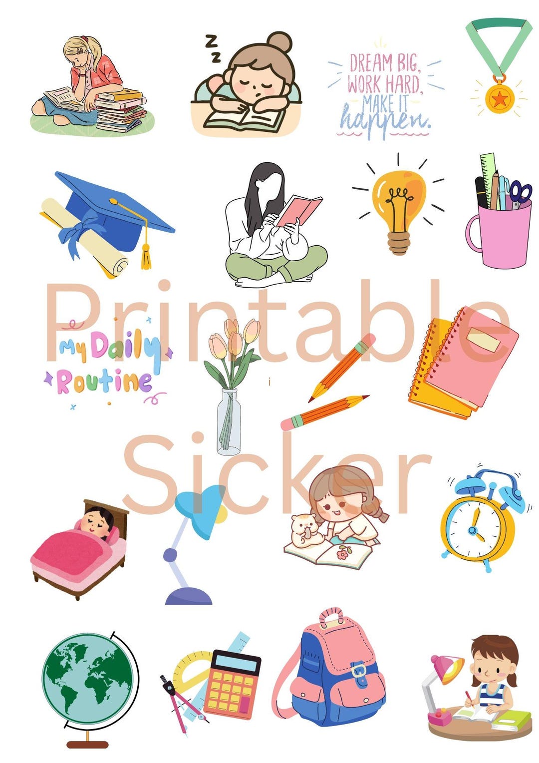 Printable Sticker, Cute Study Sticker, Digital Sticker for Student, Cut ...