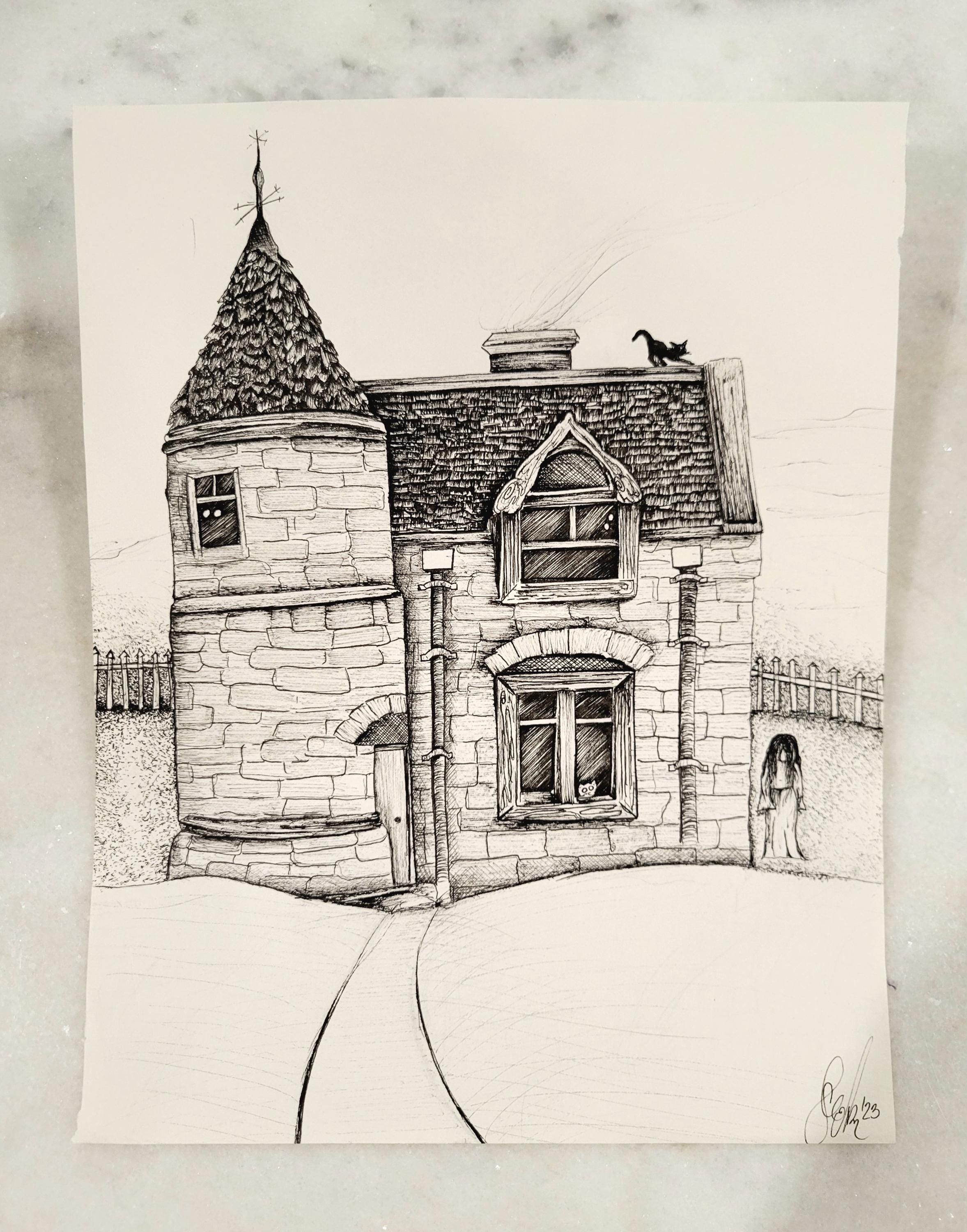 Haunted Dream House - 8x10 Pen Illustration - Etsy