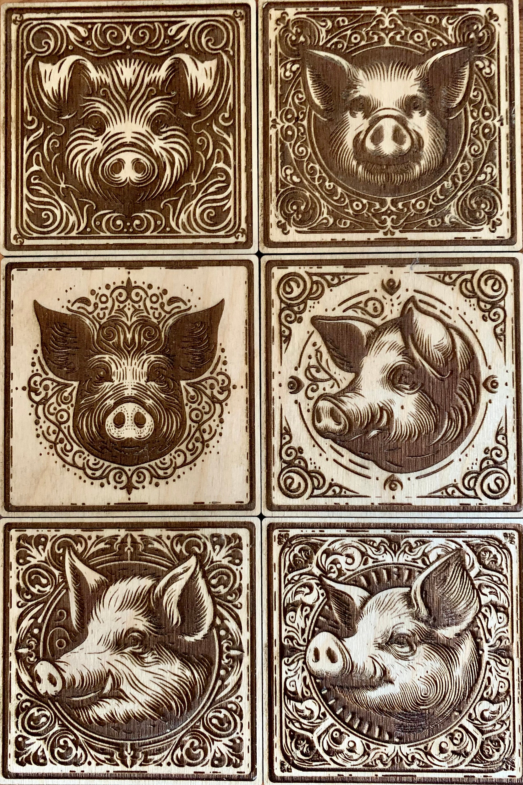 Pigs Svg Set of 6 Coaster Motifs, Dxf, Svg, Ai, Pdf Lasercut, Glowforge ...