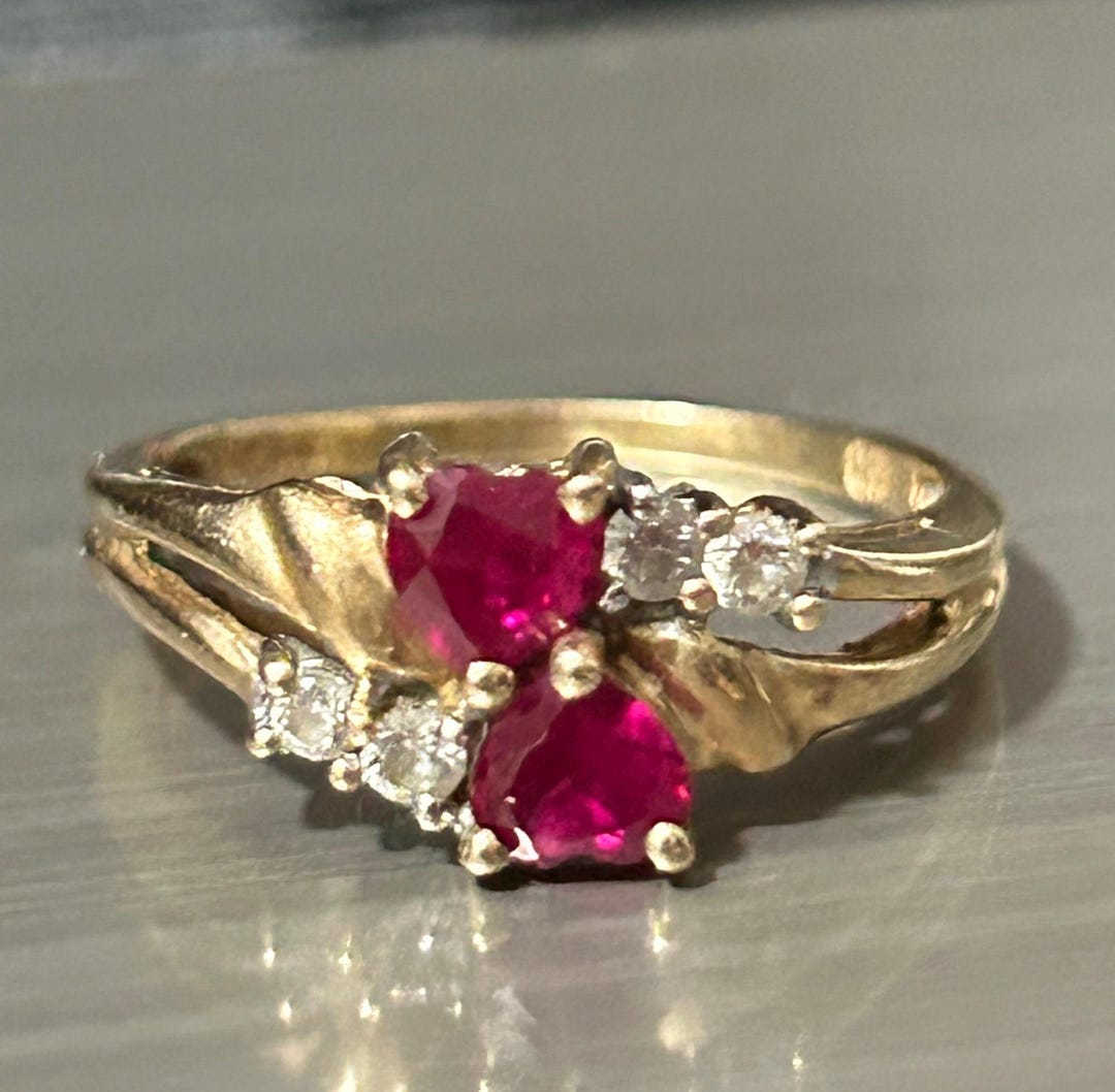 Vintage 10k Yellow Gold Double Heart Ruby and Cz Art Deco Sparkling ...