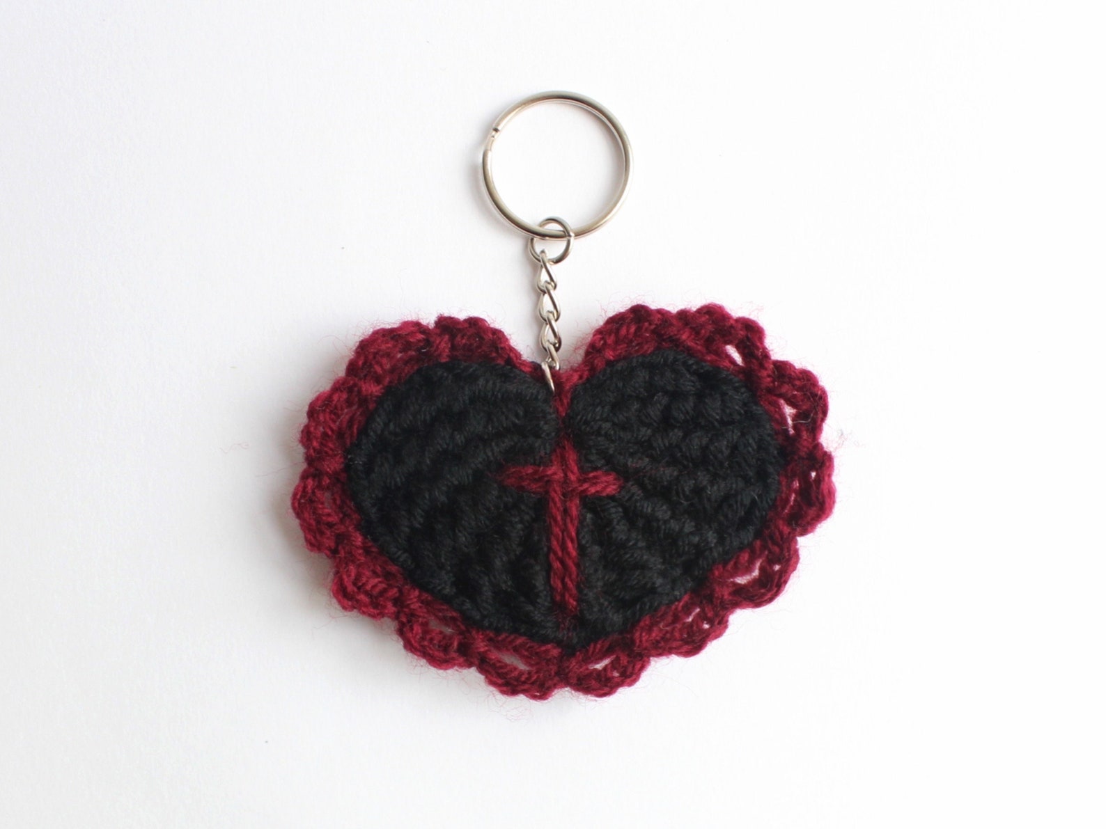 Handmade Crochet Heart With Cross Keyring Keychain Charm Red - Etsy