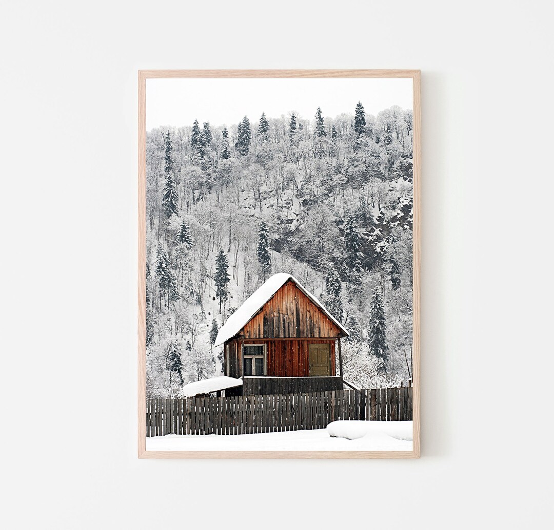 Mountain Cabin Print, Winter House Art, Rustic Lodge Wall Decor, Snowy ...
