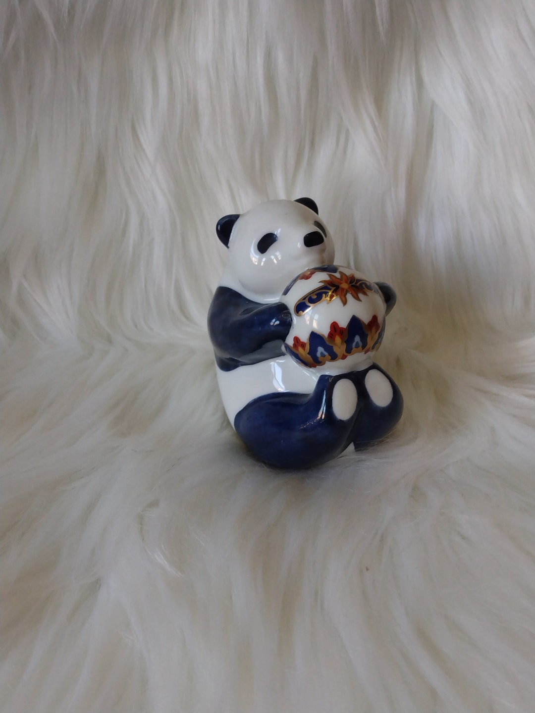 Panda Figure Vintage Porcelain Blue and White Panda Bear With Cloisonne ...