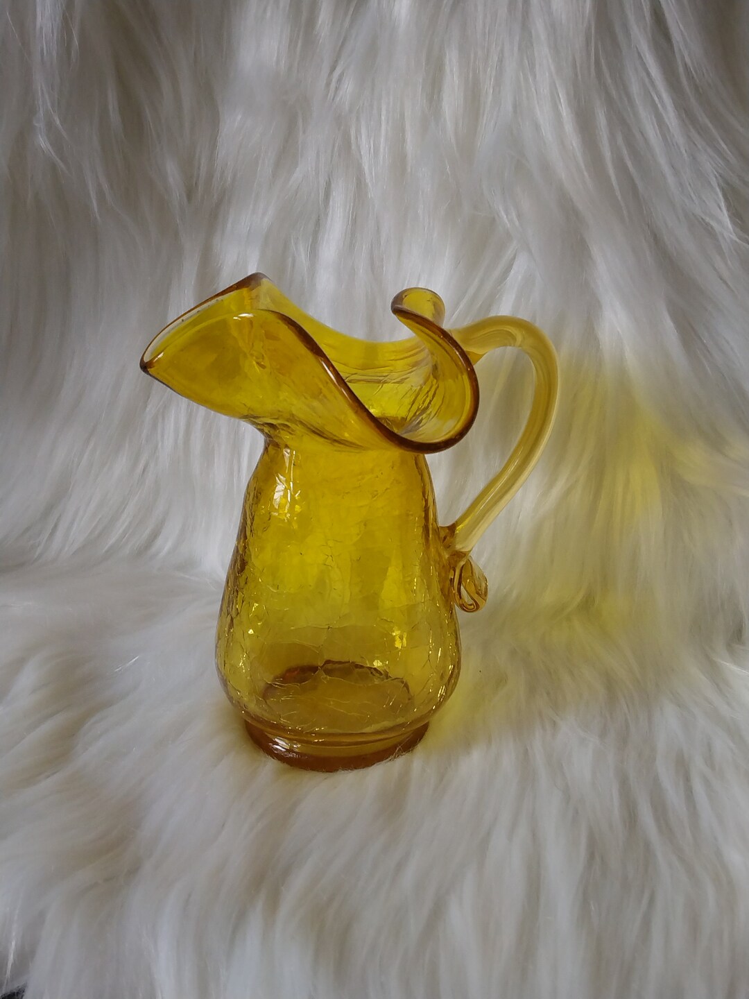 Amber Glass Pitcher Vintage 1970's Ruffled Top Applied Handle Small ...