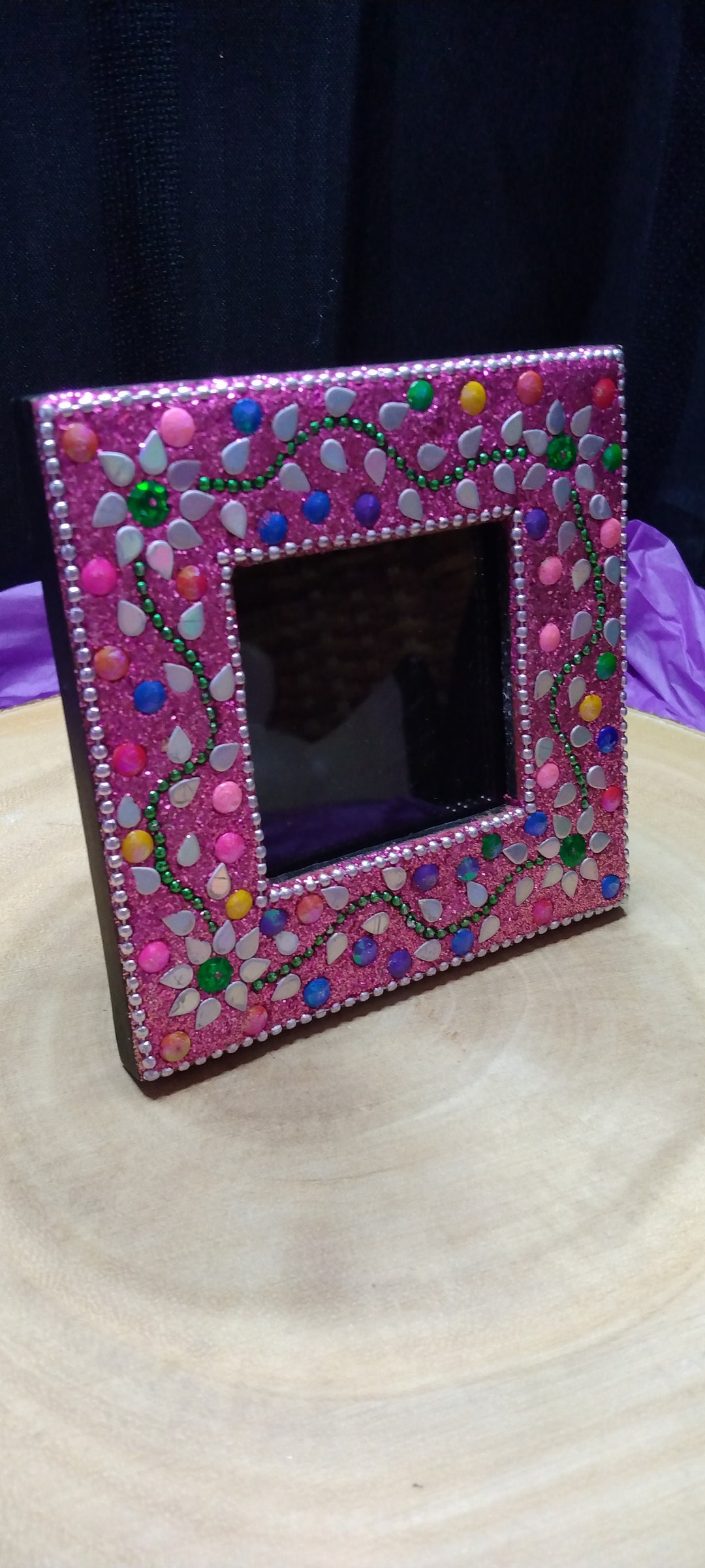 Pink Multi Gemstone 3"x3" Picture Photo Frame Jeweled Beaded Decorative ...