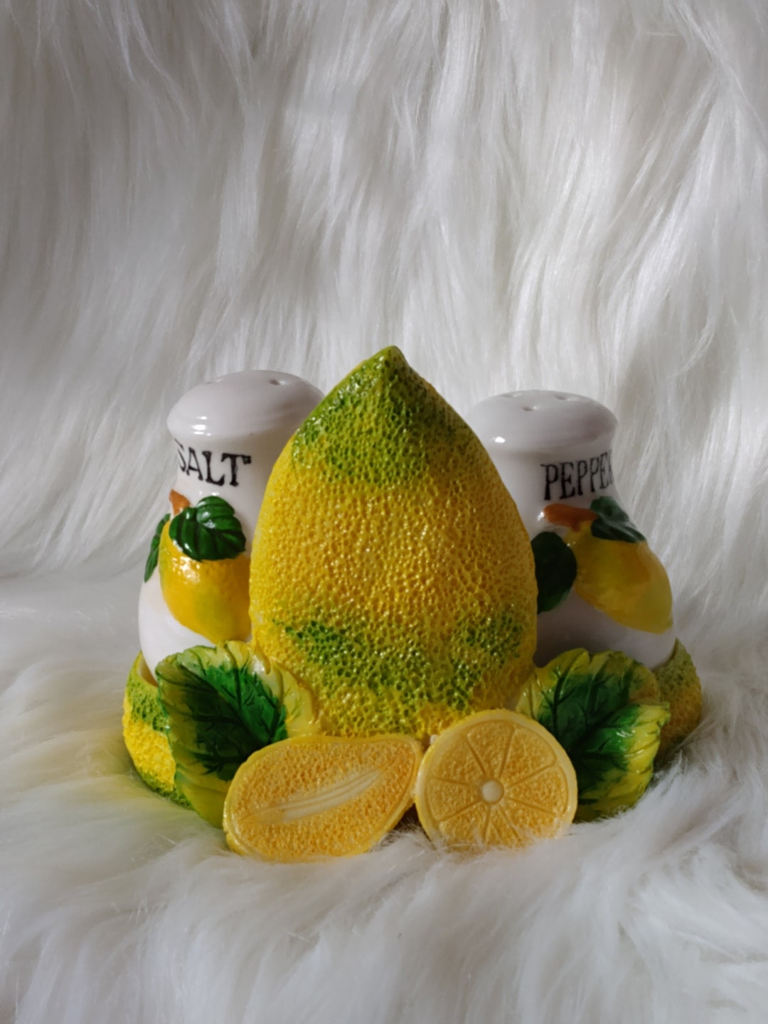 Salt Pepper Shakers Vintage 1980's Lemon Salt and Pepper Shakers With Lemon Stand Lemon Design ...