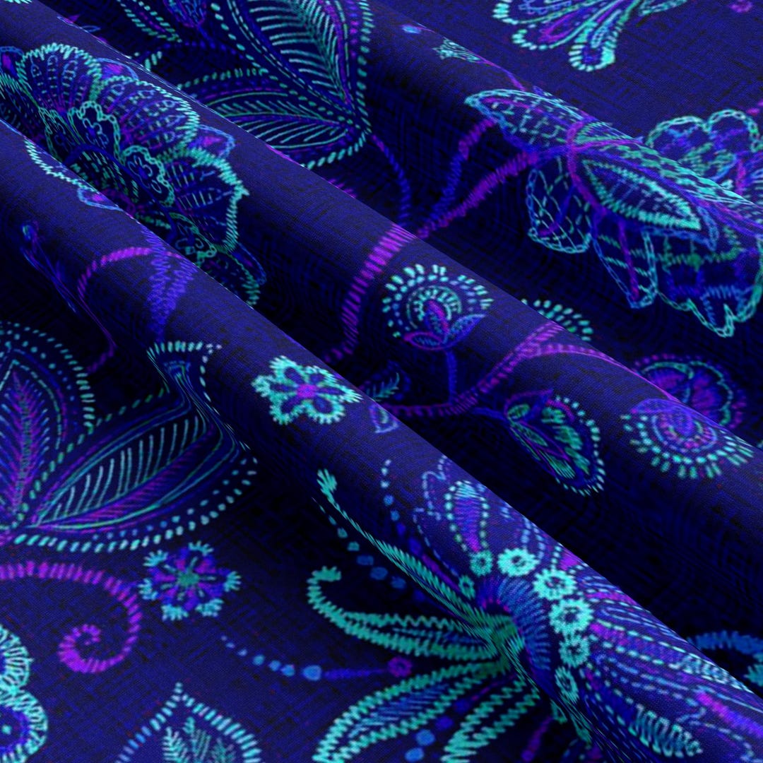 Jacobean Floral Fabric Navy Blue Cotton for Home Decor Bohemian by Half ...