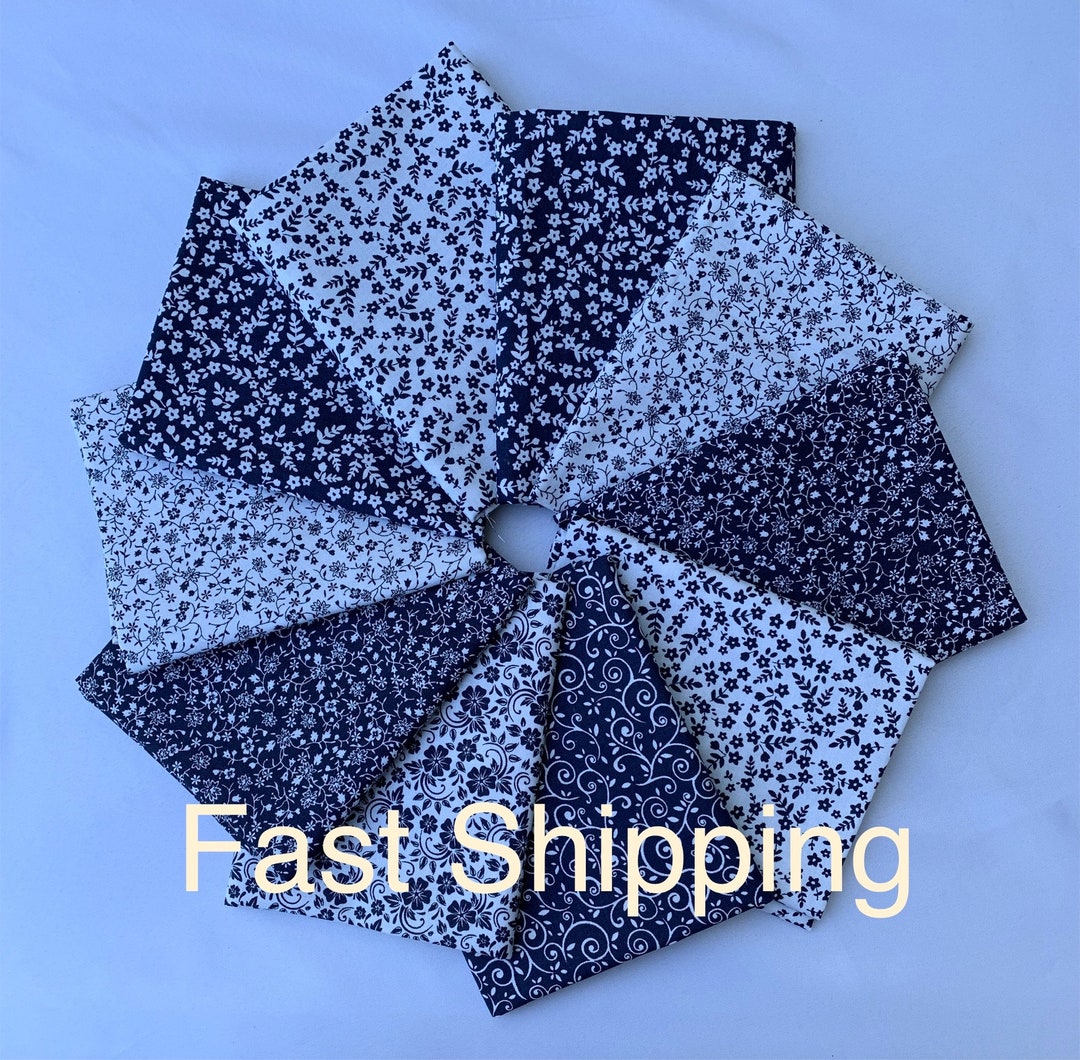 Navy Blue and White Floral Fat Quarter Bundle Quilt Fabric Tone on Tone ...