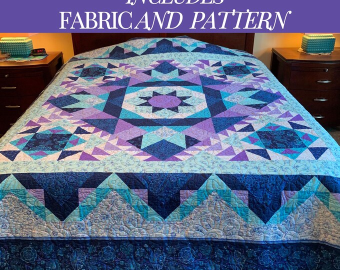 King Size Blue Quilt Kit Modern Geometric Star Pattern DIY Quilting ...