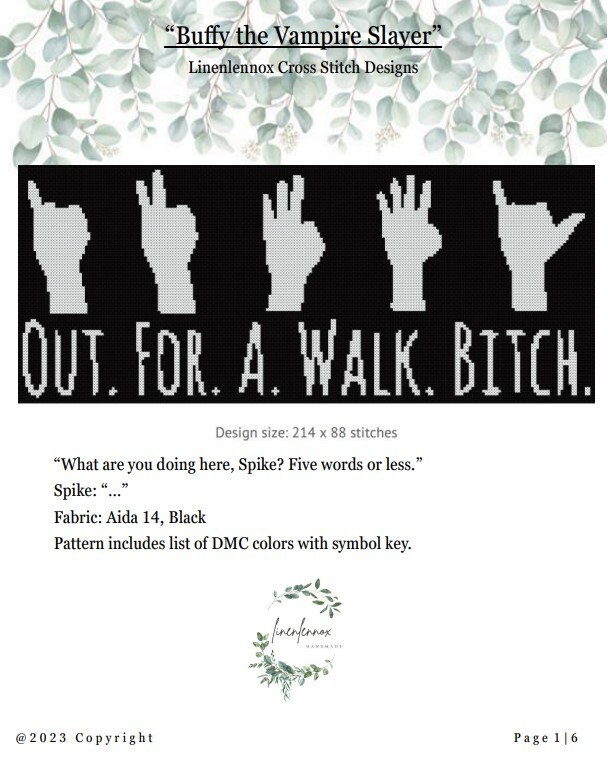 Buffy the Vampire Slayer out. For. A. Walk. Bith. Cross Stitch Pattern ...