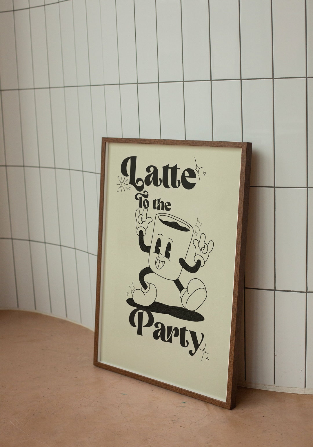 Latte to the Party Hand-drawn Dancing Latte Cup Print Fun Kitchen or ...