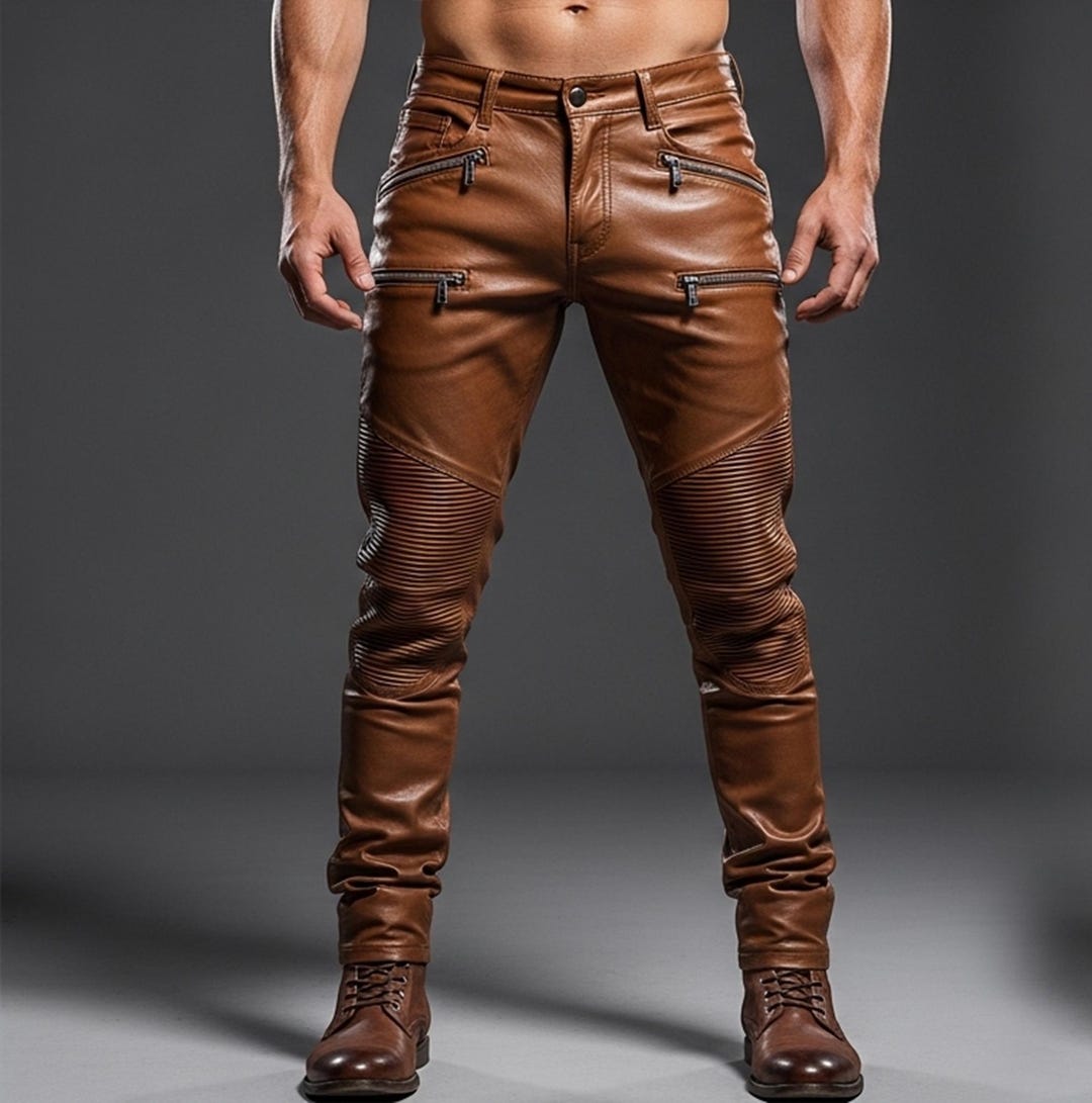 Brown Moto Leather Pants for Men | Slim Fit Biker Trousers | Ribbed ...