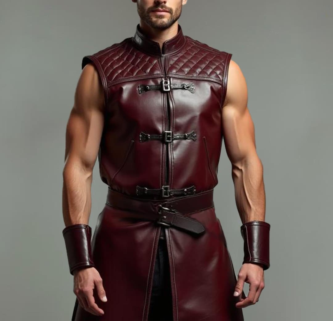 Burgundy Quilted Leather Warrior Vest | Long Line Sleeveless Buckle ...