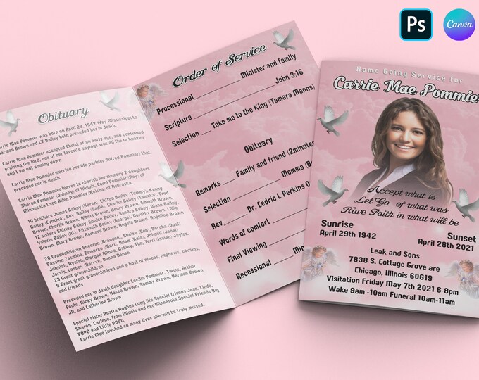 Pink Cloud Background Obituary Template | Loving Funeral Program ...