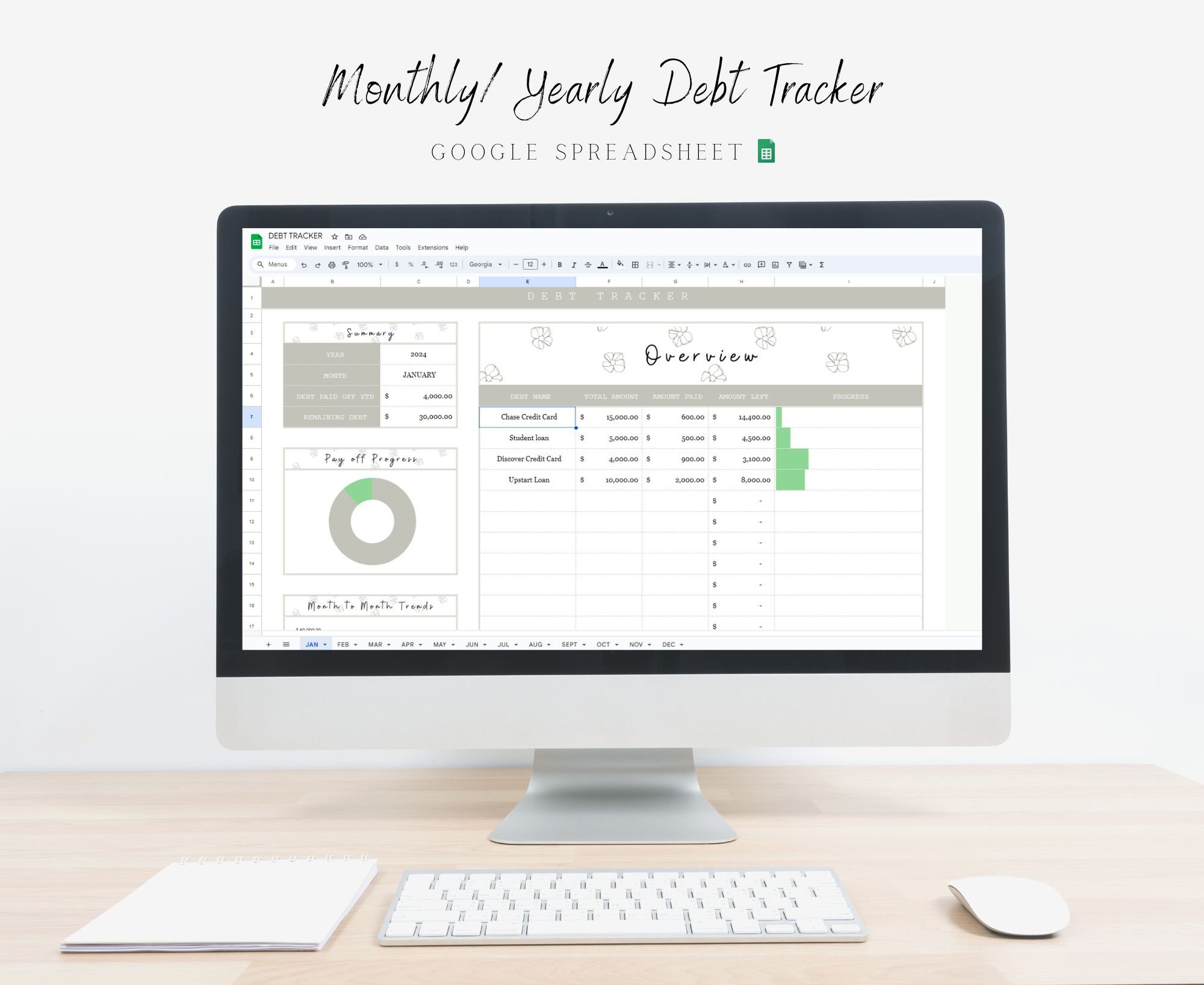 Debt Tracker GOOGLE SHEETS Yearly Monthly Template Minimalist Financial ...