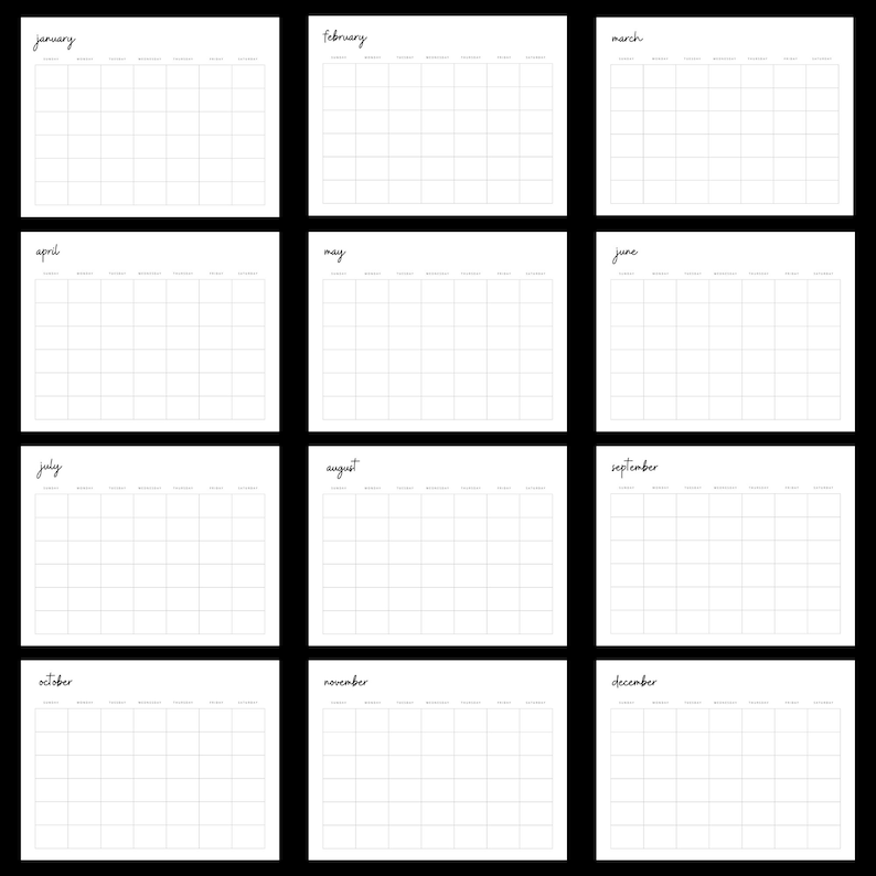Monthly Blank Calendar: Instant Download, Minimalist Calendar, 11x8.5 ...