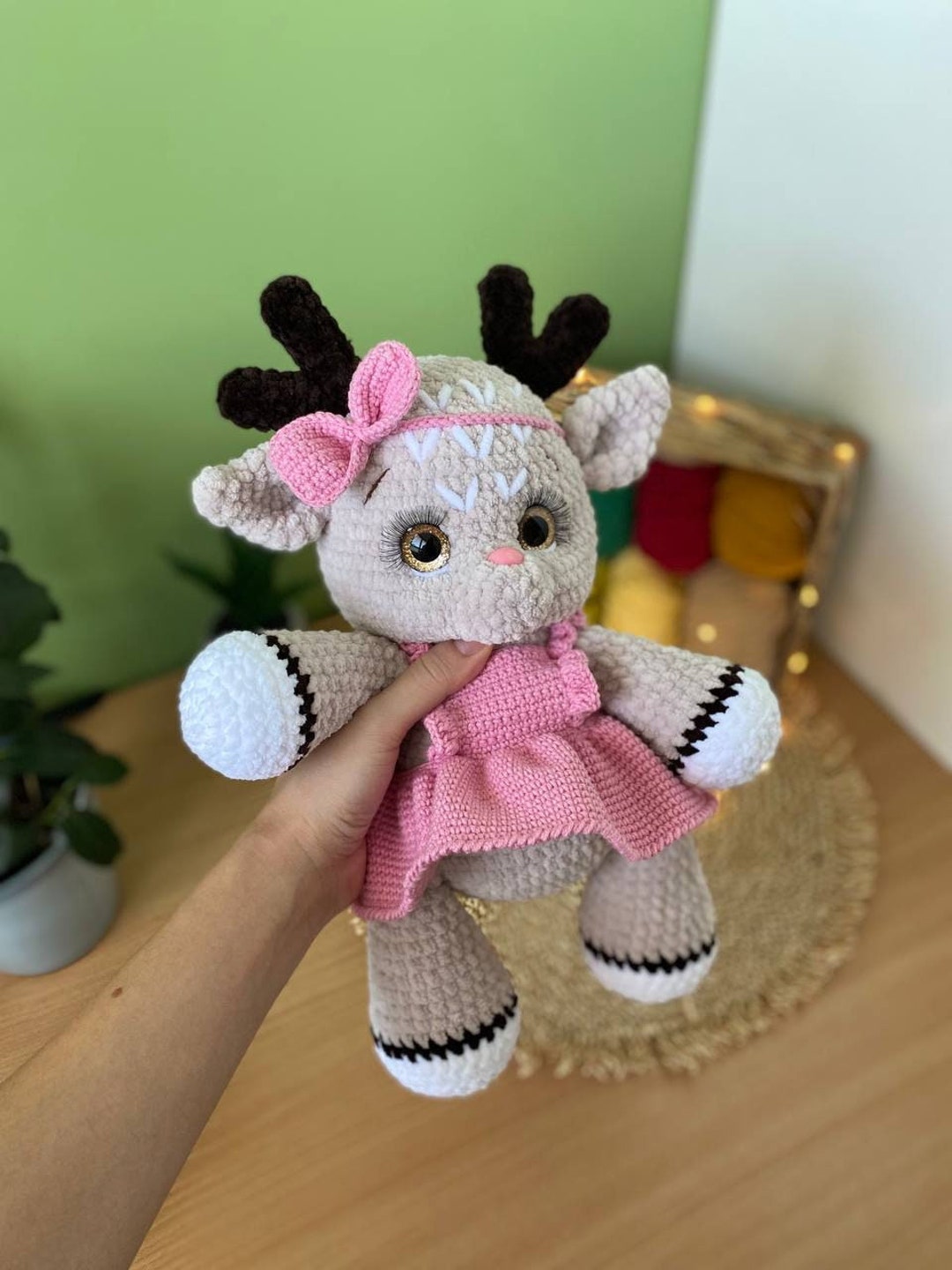 Toy Deer in a Dress, Knitted Deer, Plush Deer in a Pink Dress, Big Soft ...