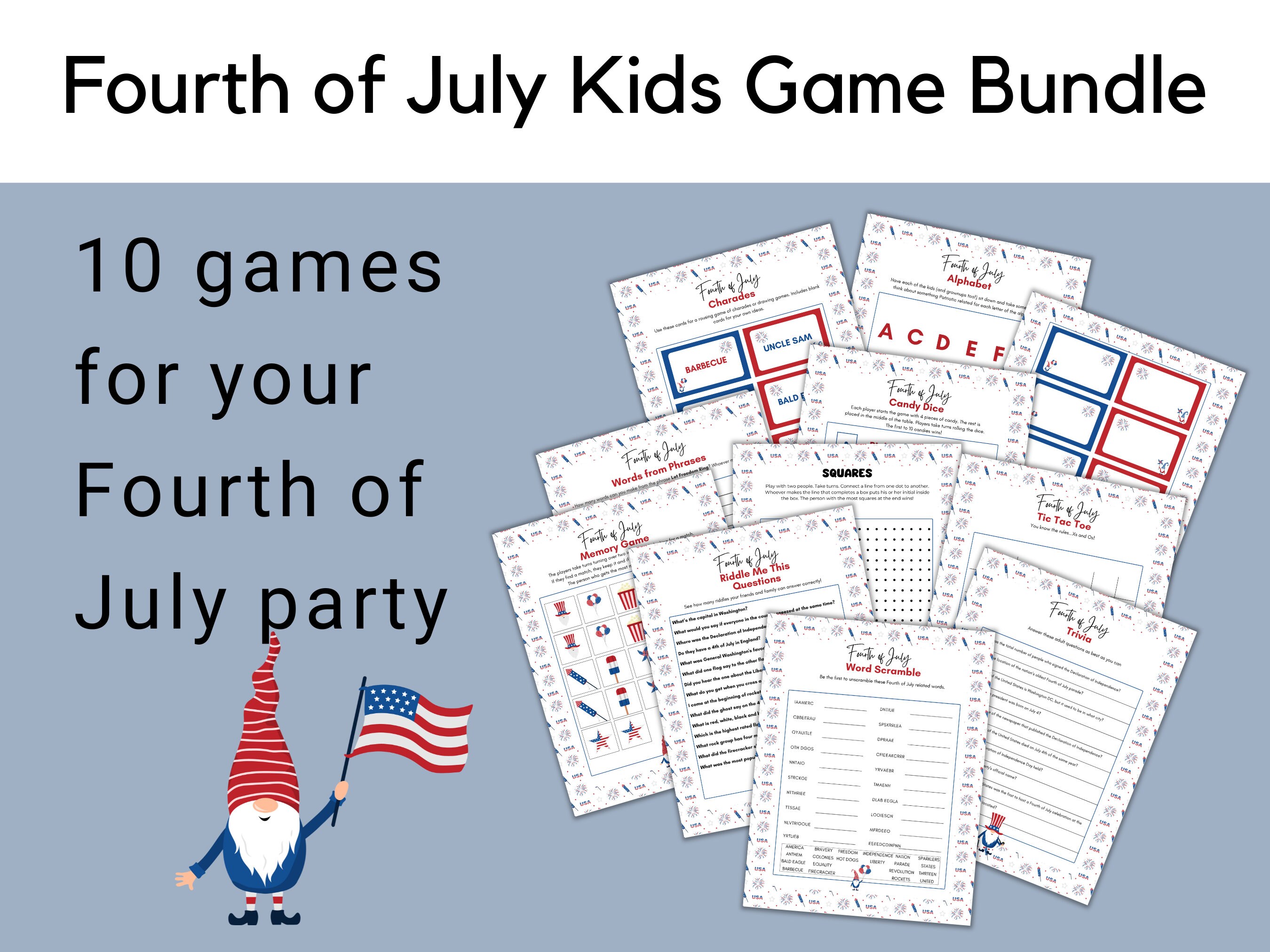 Fourth of July Party Games for Kids Kids Patriotic Gnomes Party Game ...