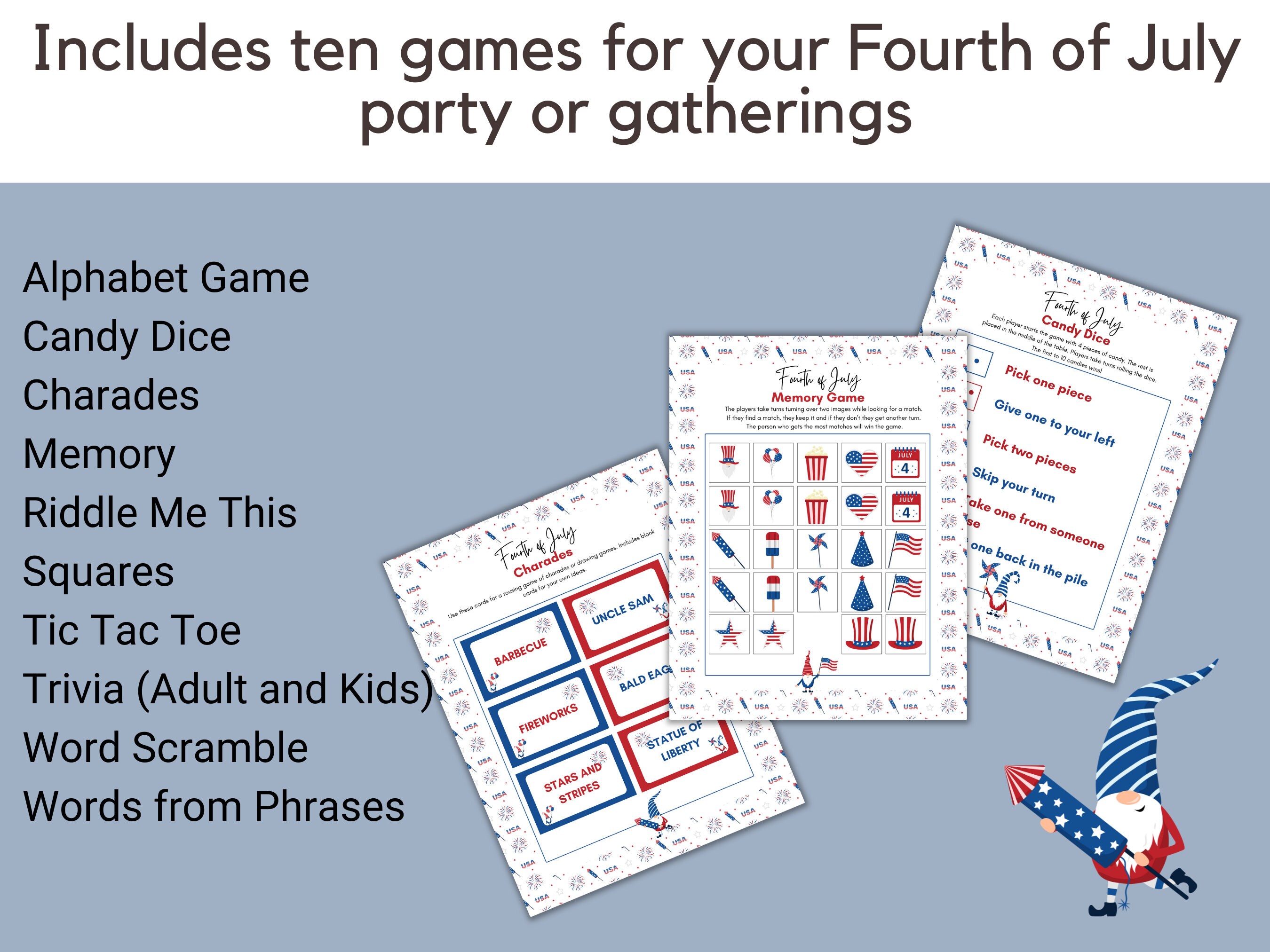 Fourth of July Party Games for Kids Kids Patriotic Gnomes Party Game ...