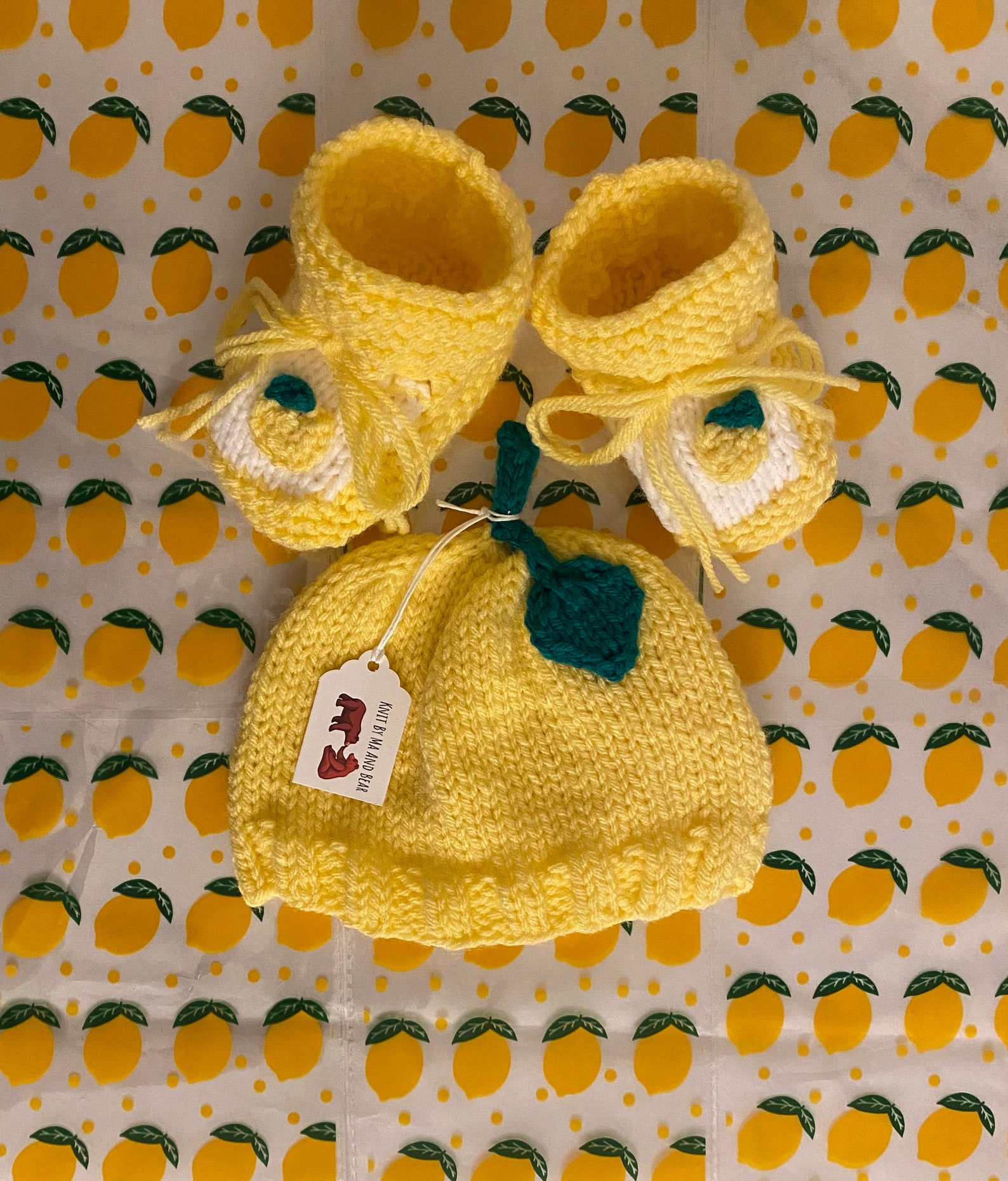 Lemon and Mango Hand Knit Baby Hat and Booties; Cap, Beanie; Crib Shoes ...