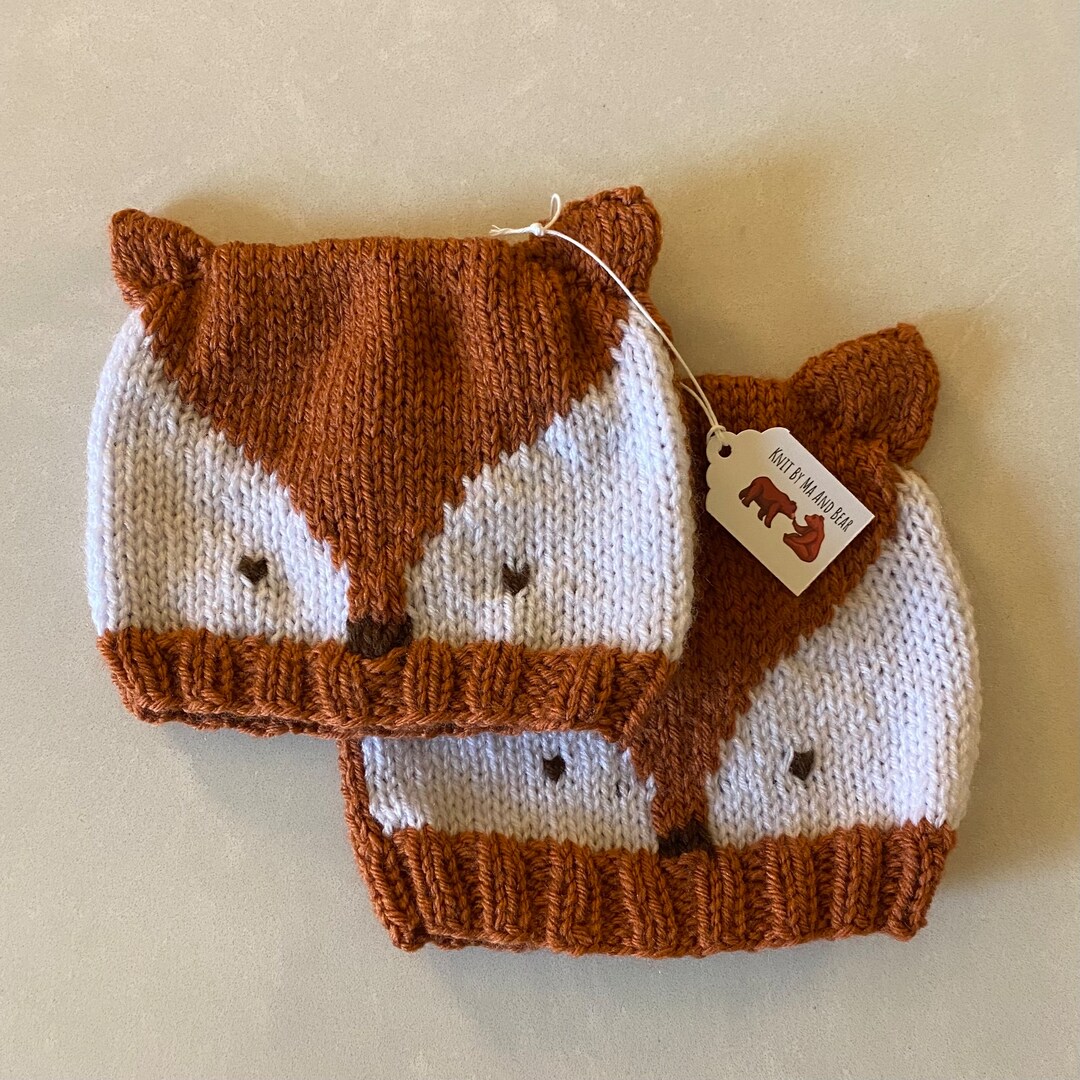 Hand Knit Fox Hat. Knitted Infant Toddler Animal Beanie; Newborn Unisex ...