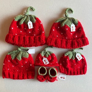 Knit Strawberry Fruit Hat; Adult, Toddler, Baby Caps; Mommy and Me ...