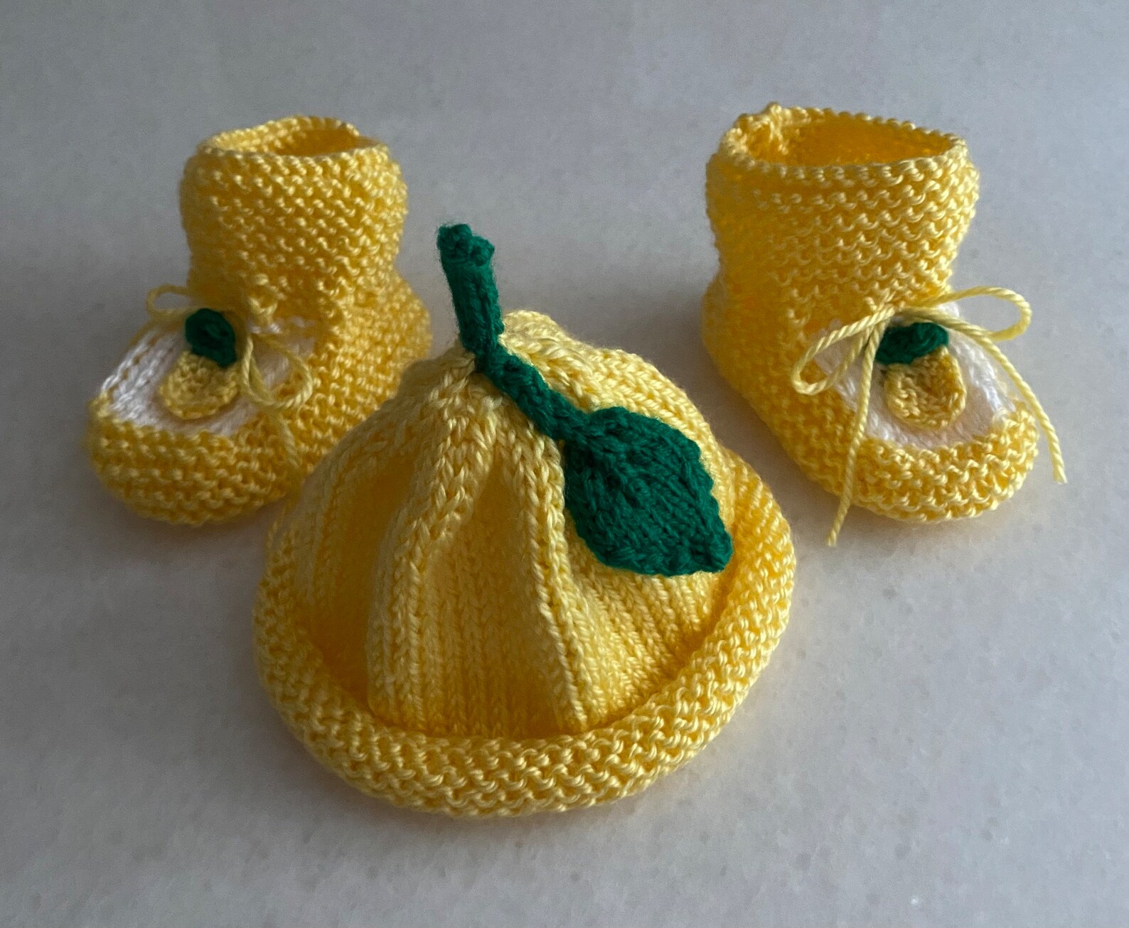 Lemon and Mango Hand Knit Baby Hat and Booties; Cap, Beanie; Crib Shoes ...