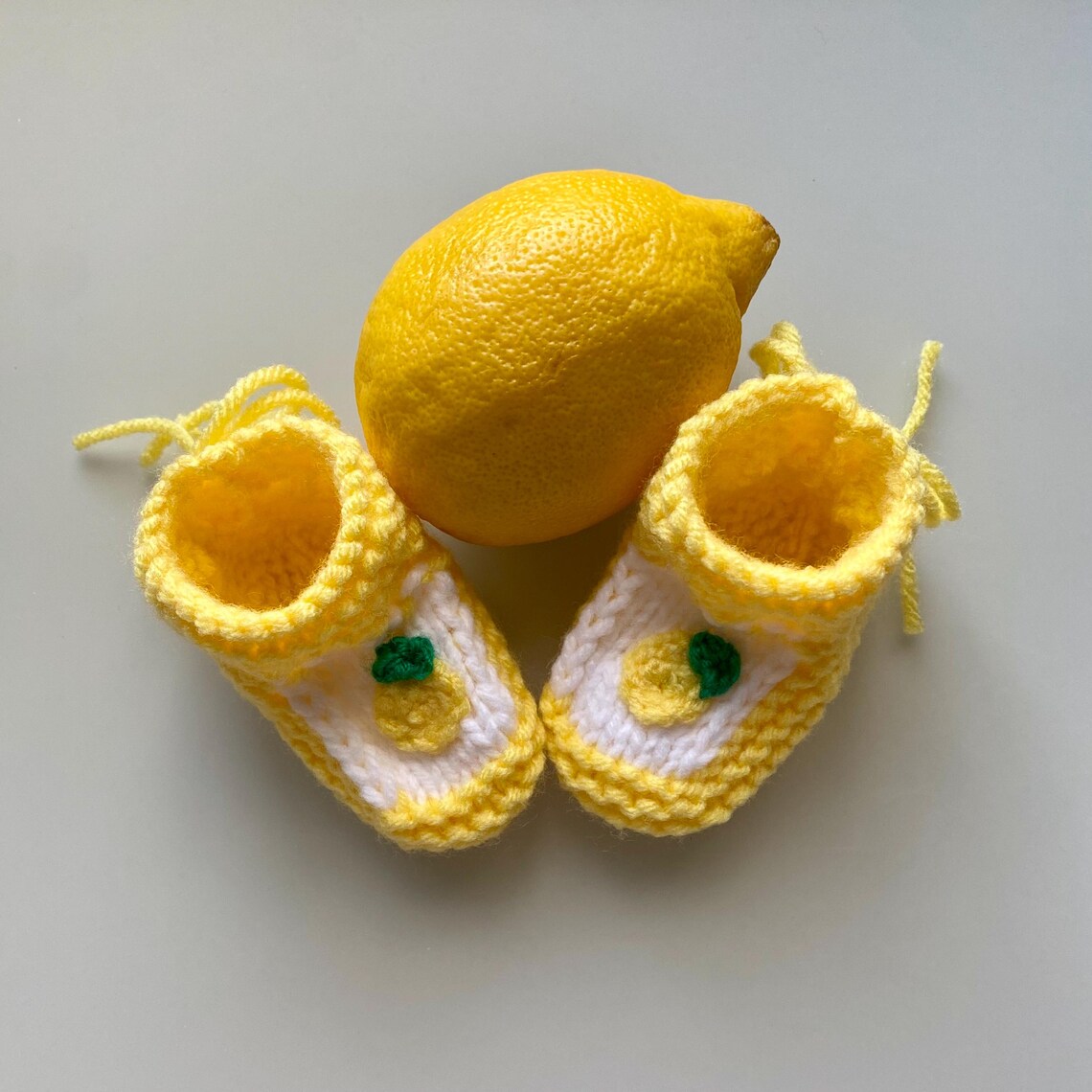 Lemon and Mango Hand Knit Baby Hat and Booties; Cap, Beanie; Crib Shoes ...