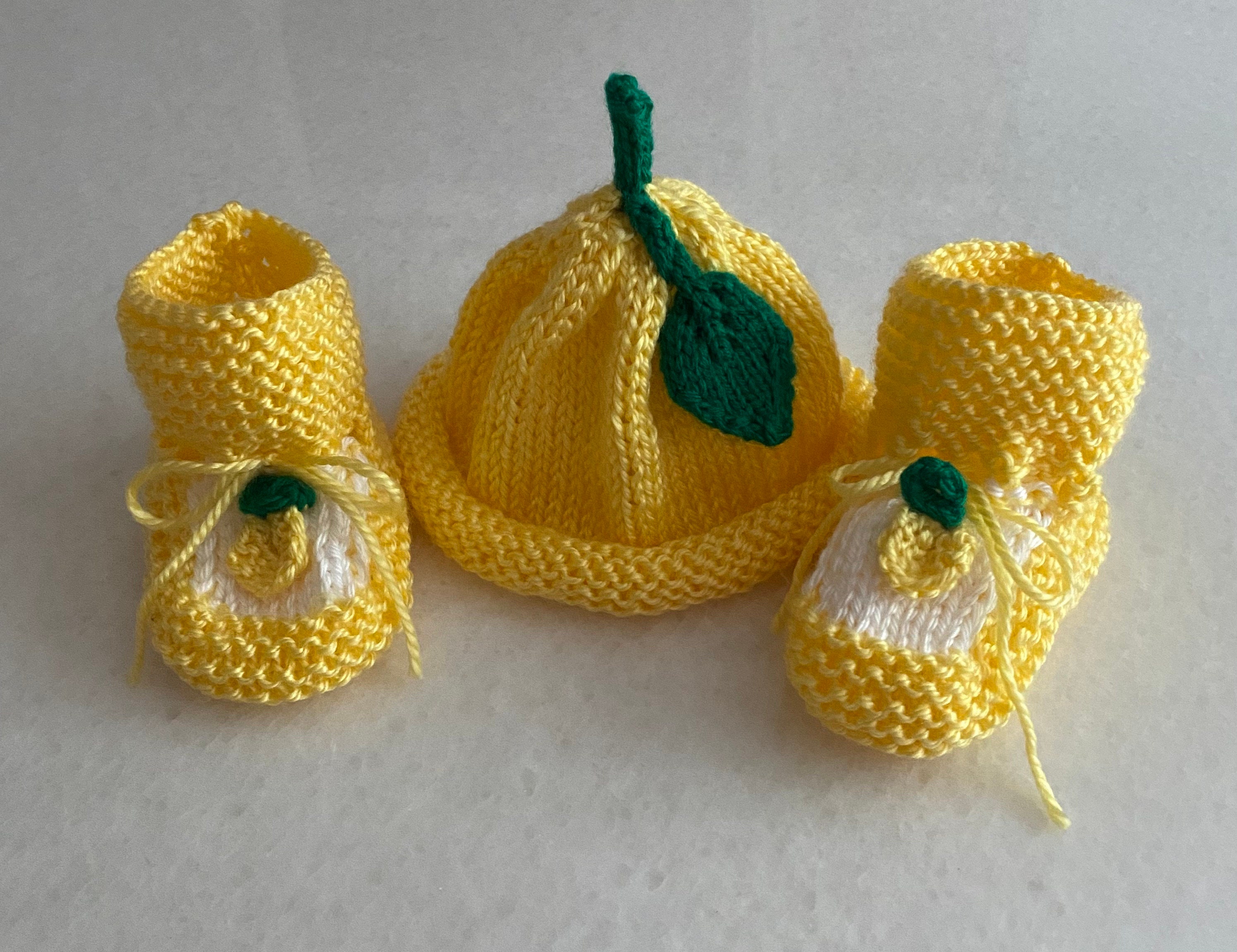 Lemon and Mango Hand Knit Baby Hat and Booties; Cap, Beanie; Crib Shoes ...